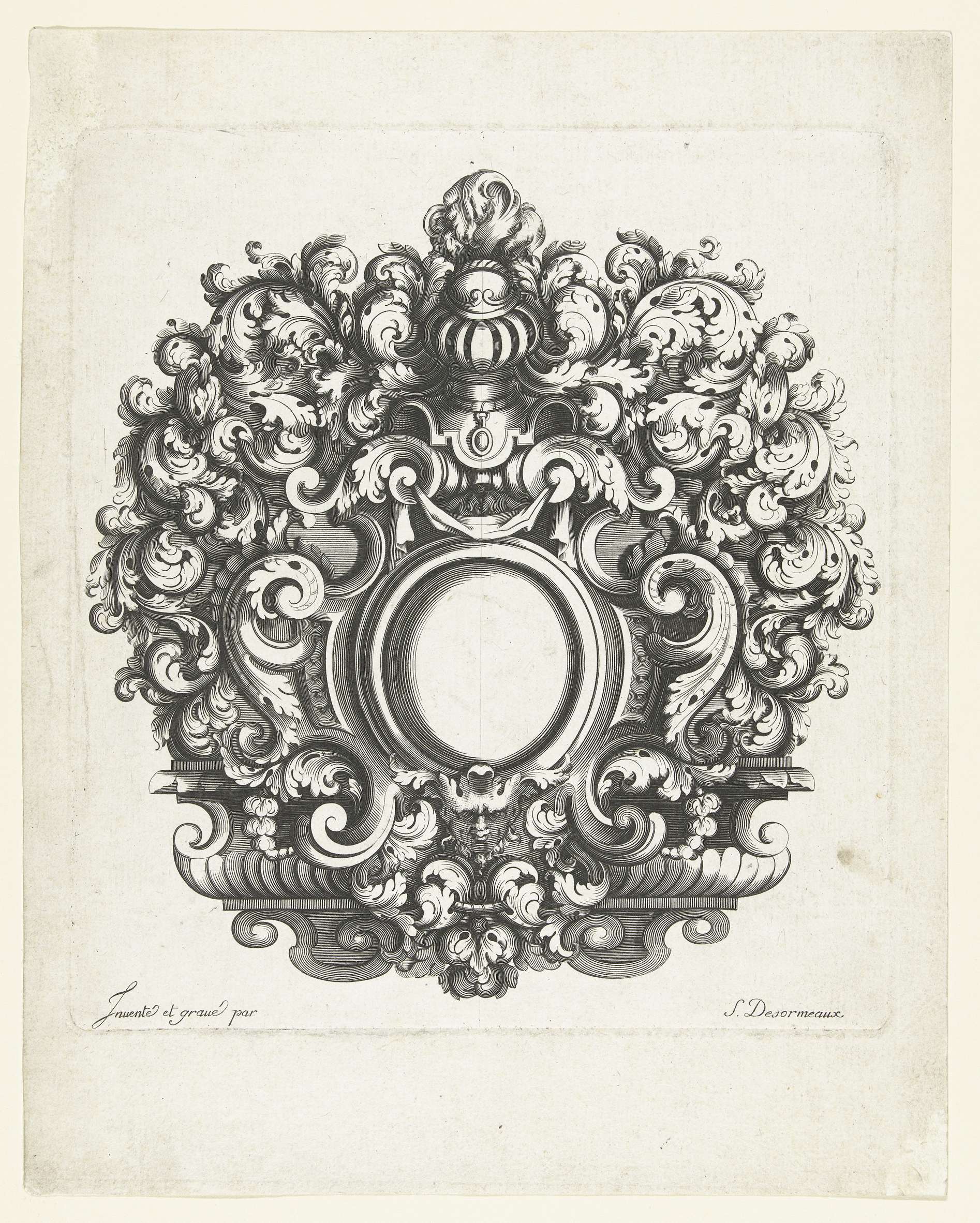 Round cartouche surrounded by leaf vines on a | CanvasPrints.com