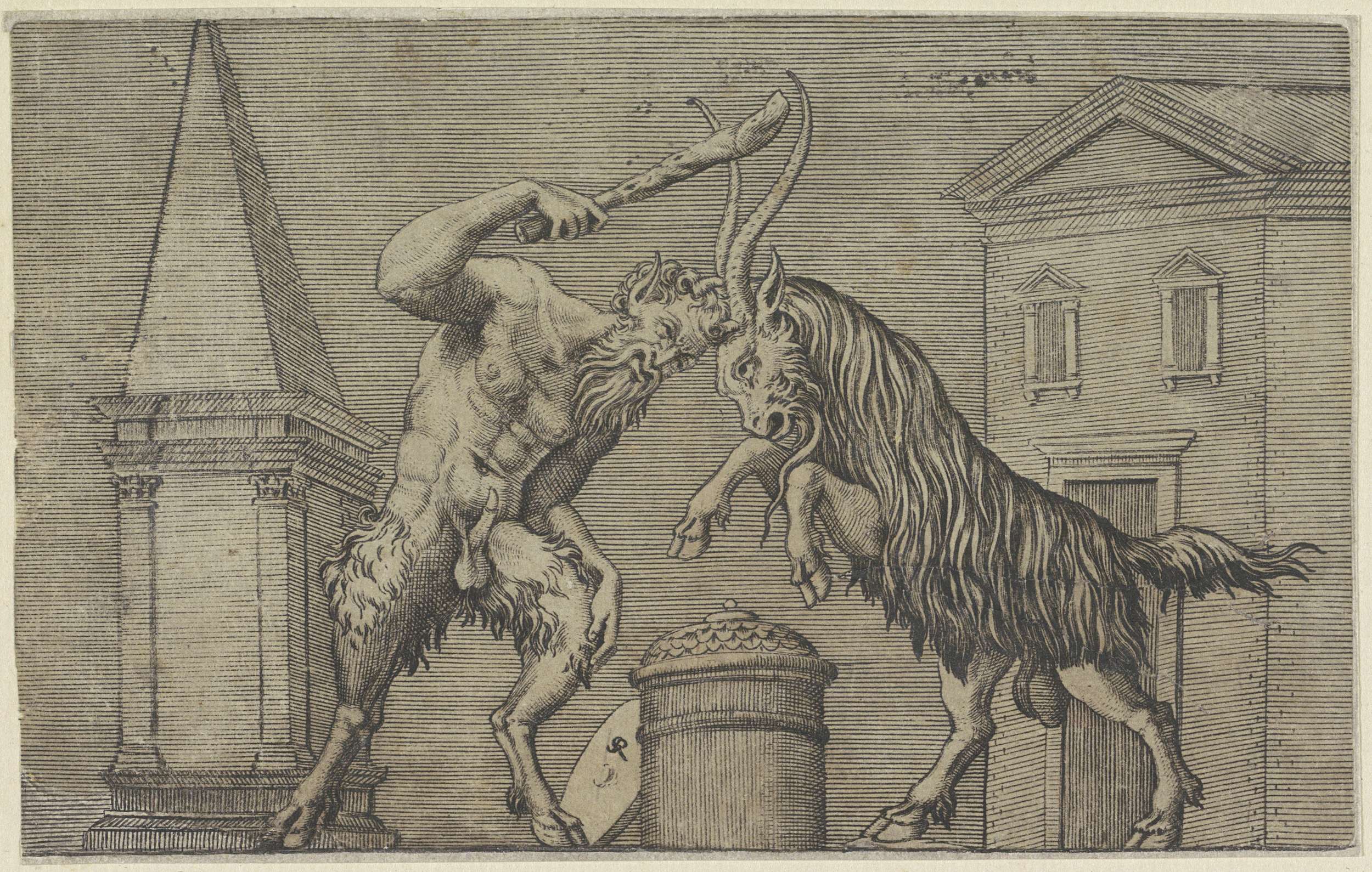 Satyr and ram in combat, Marco Dente, 1498 - 1 | CanvasPrints.com