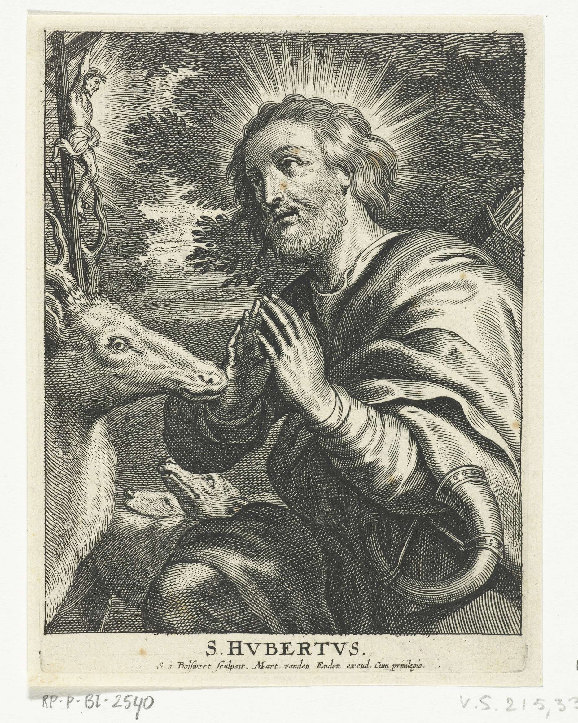 Saint Hubertus kneels before deer with crucifi | CanvasPrints.com