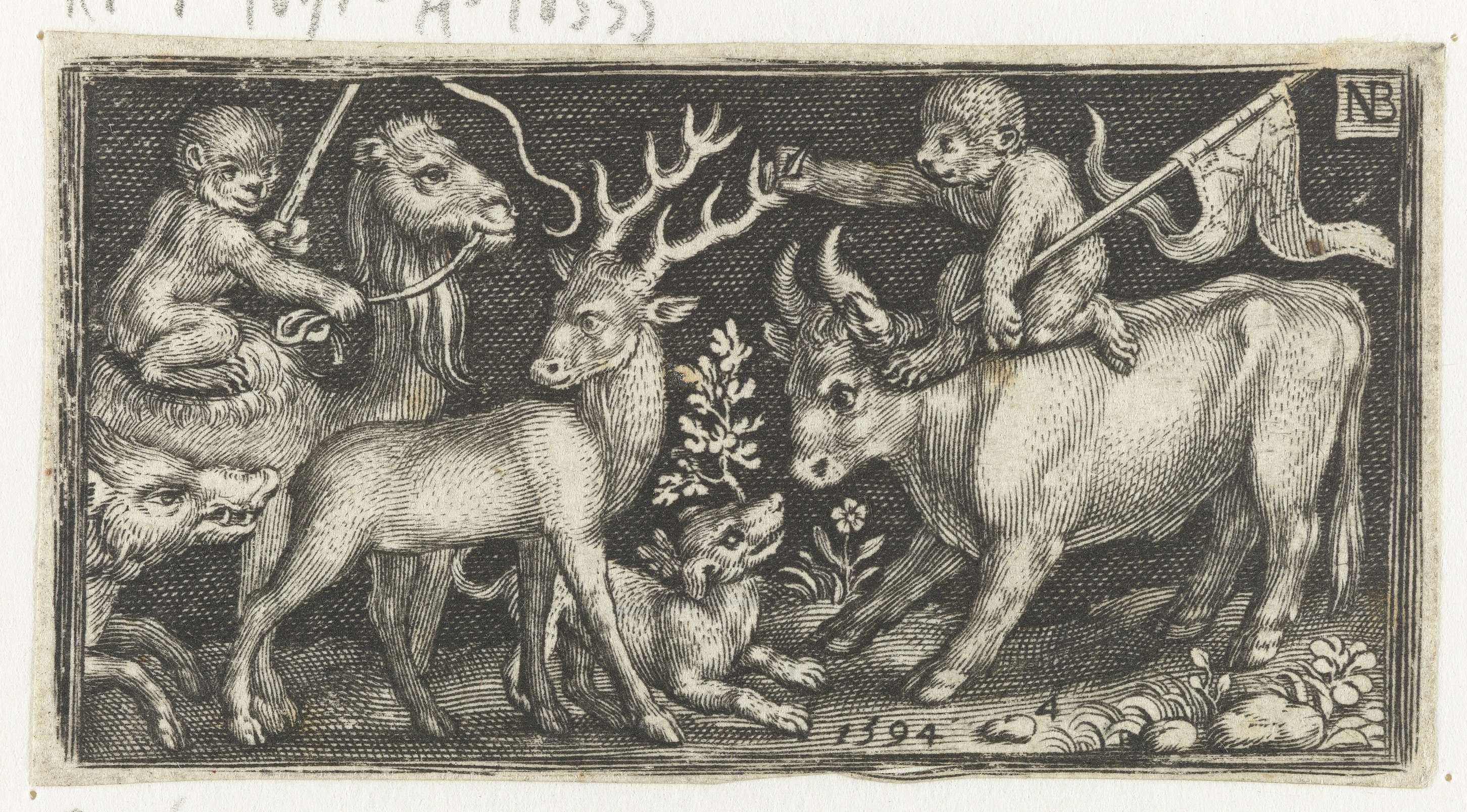 Monkeys sitting on camel and bull with captive | CanvasPrints.com